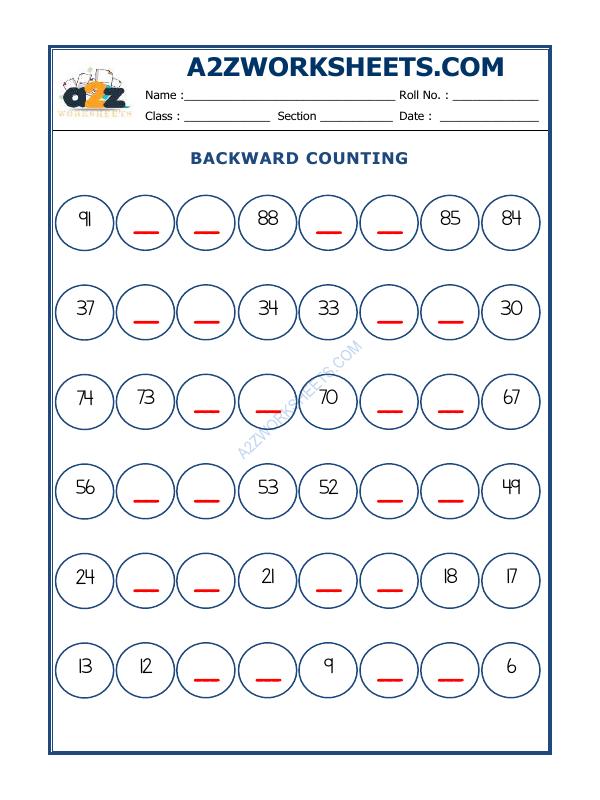 A2Zworksheets:Worksheet of Backward Counting - 19-Numbers-Maths