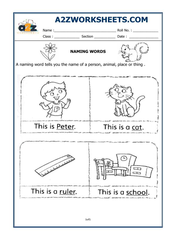 A2Zworksheets:Worksheet of Naming Words-Grammar-English