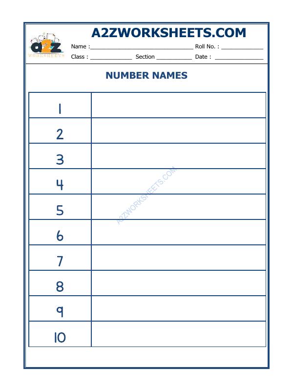 A2Zworksheets:Worksheet of Number Names - 03-Numbers-Maths