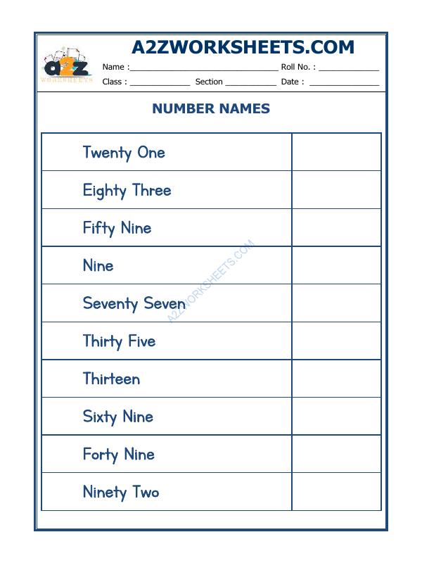 A2Zworksheets:Worksheet of Number Names - 29-Numbers-Maths