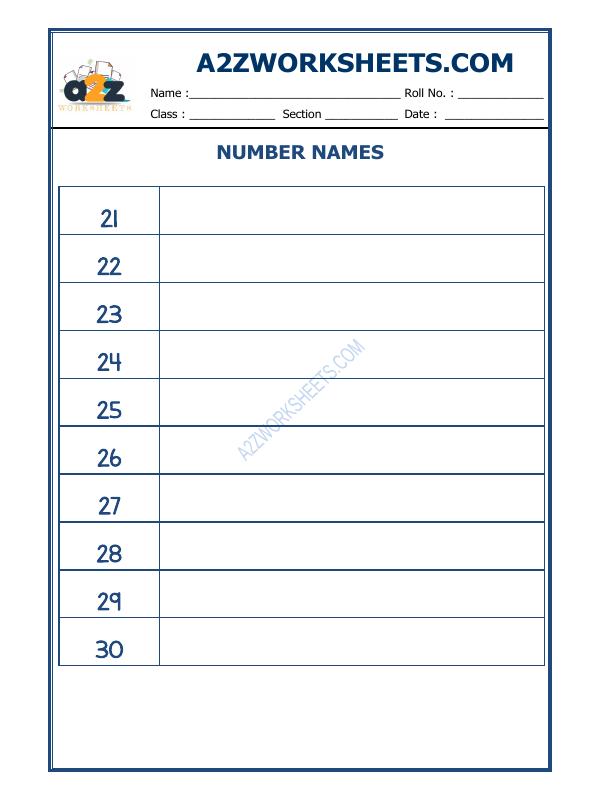 A2Zworksheets:Worksheet of Number Names - 31-Numbers-Maths