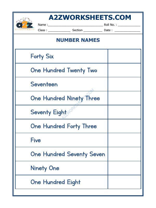 A2Zworksheets:Worksheet of Number Names - 57-Numbers-Maths