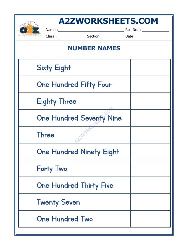 A2Zworksheets:Worksheet of Number Names - 59-Numbers-Maths