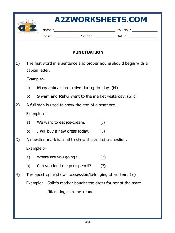 A2Zworksheets:Worksheet of Punctuation-Grammar-English