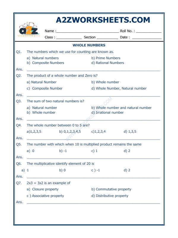 A2Zworksheets:Worksheet of Whole Numbers - 02-Numbers-Maths