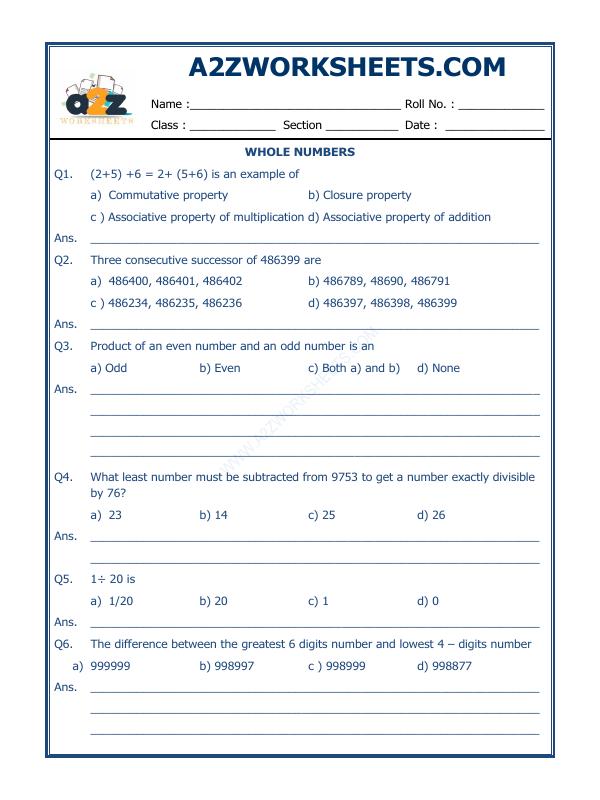 A2Zworksheets:Worksheet of Whole Numbers - 03-Numbers-Maths