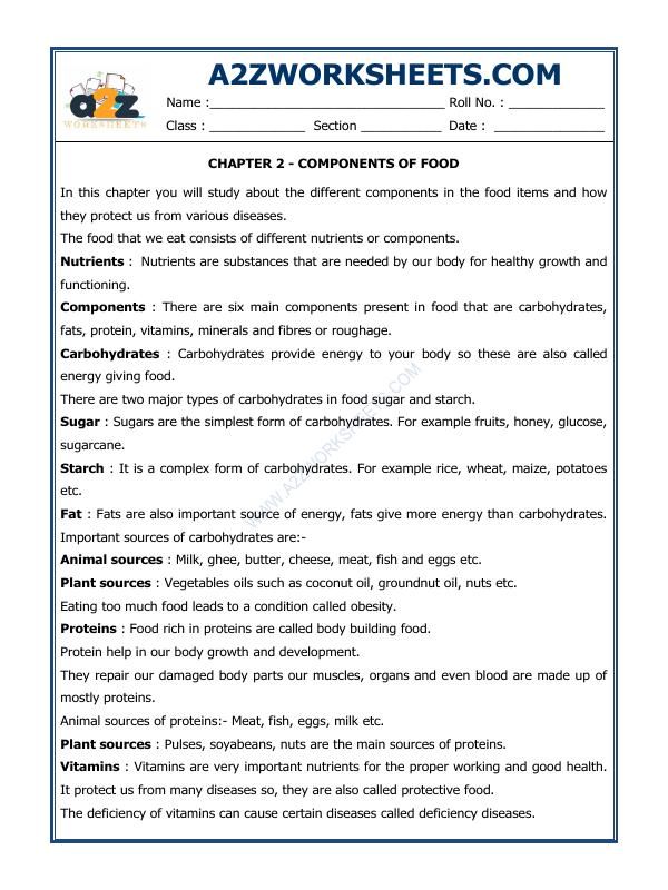 A2Zworksheets:Worksheet of Components Of Food-01-Basic Necessities-Science