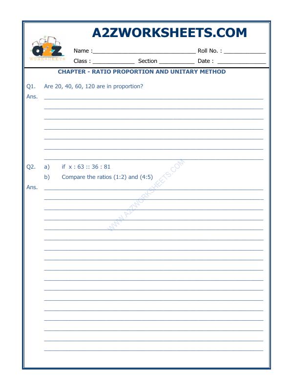 A2Zworksheets:Worksheet of Ratio Proportion And Unitary Method-02 ...