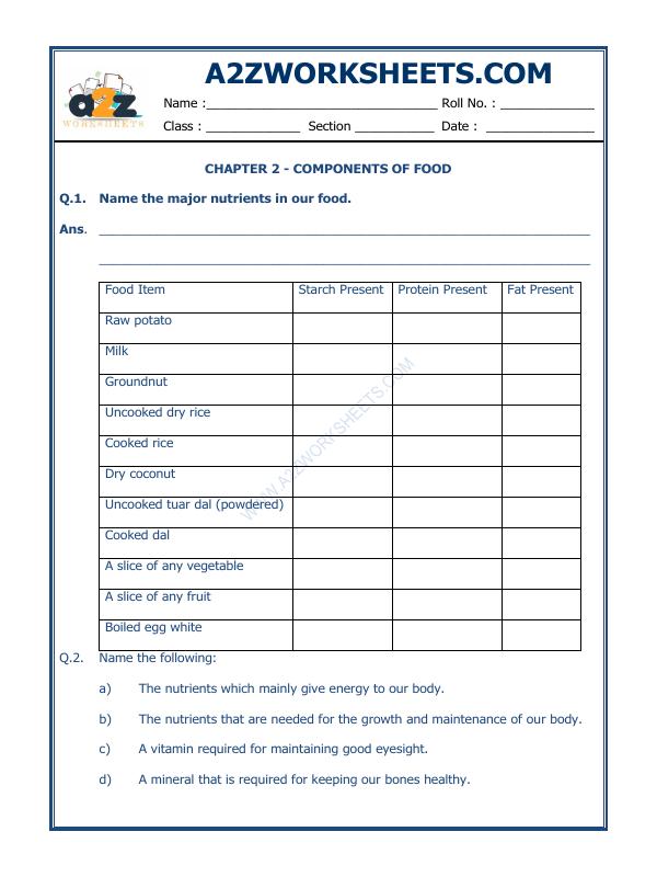 A2Zworksheets:Worksheet of Components Of Food-02-Basic Necessities-Science