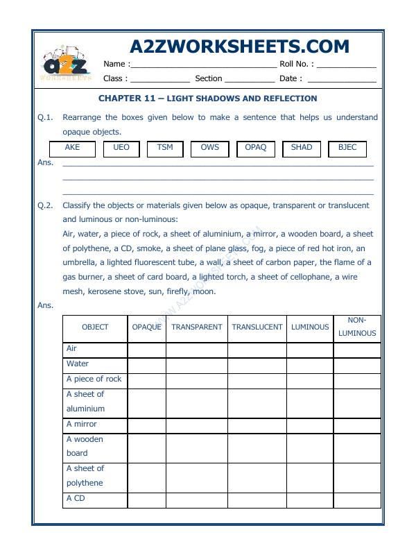 A2Zworksheets:Worksheet of Light Shadows And Reflection-01-Light ...