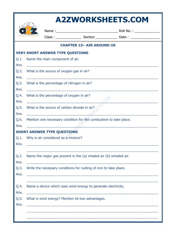 A2Zworksheets:Worksheet of Air Around Us-02-Basic Necessities-Science