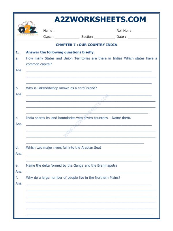 A2Zworksheets:Worksheet of Our Country India-01-India and Its ...