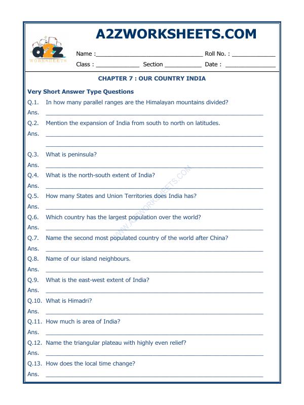 A2Zworksheets:Worksheet of Our Country India-03-India and Its ...