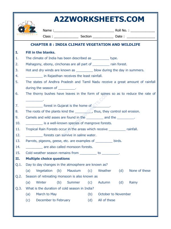 A2Zworksheets:Worksheet of India Climate Vegetation And Wildlife-06 ...