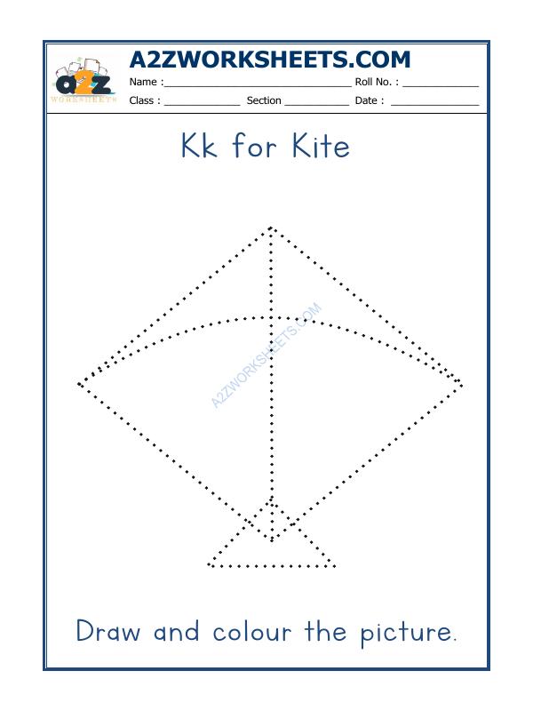A2Zworksheets:Worksheet of K For Kite Colouring Sheets-Recognition-English