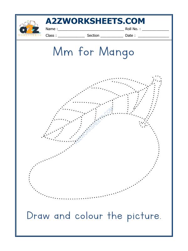 A2Zworksheets:Worksheet of M For Mango Colouring Sheets-Recognition-English