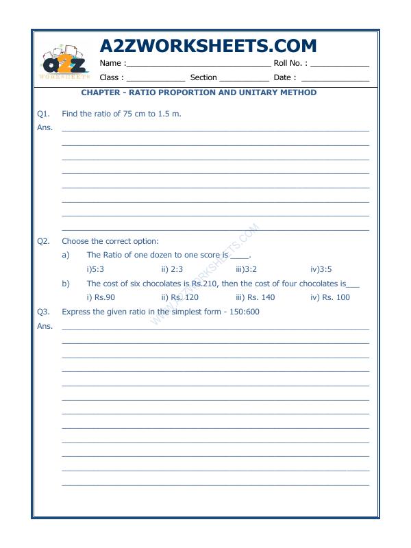 A2Zworksheets:Worksheet of Ratio Proportion And Unitary Method-03 ...