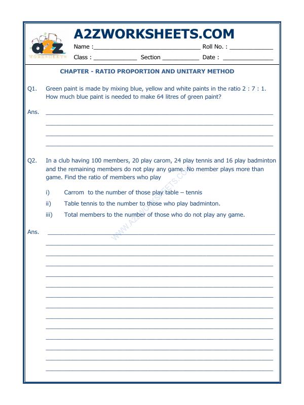 A2Zworksheets:Worksheet of Ratio Proportion And Unitary Method-06 ...