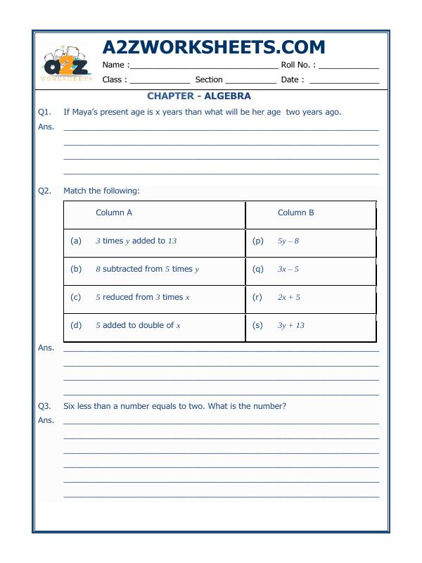 A2Zworksheets:Worksheet of Algebra-01-Algebra-Maths