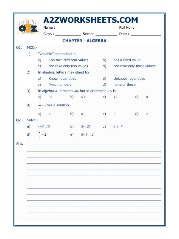 A2Zworksheets:Worksheet of Algebra-02-Algebra-Maths