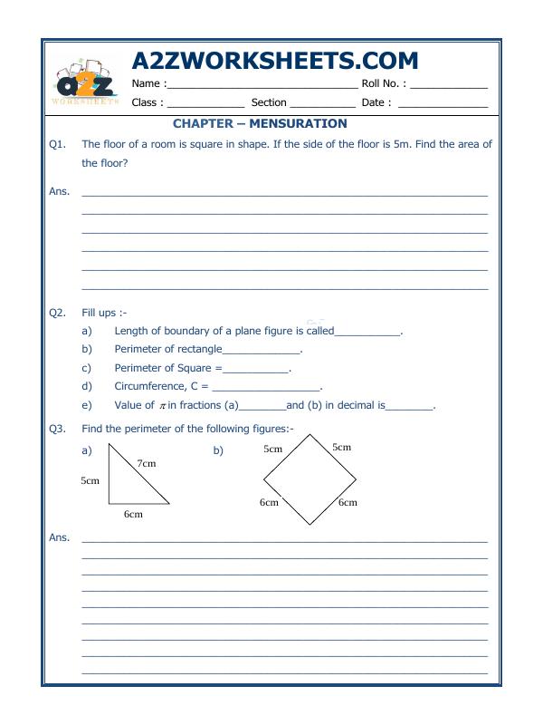 A2Zworksheets:Worksheet of Mensuration-01-Geometry-Maths