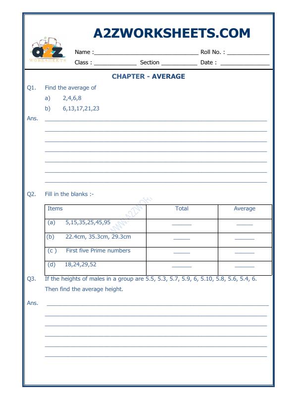 A2Zworksheets:Worksheet of Average-01-Average-Maths