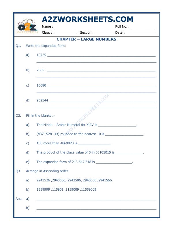 A2Zworksheets:Worksheet of Large Numbers-01-Numbers-Maths