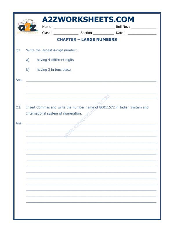 A2Zworksheets:Worksheet of Large Numbers-02-Numbers-Maths