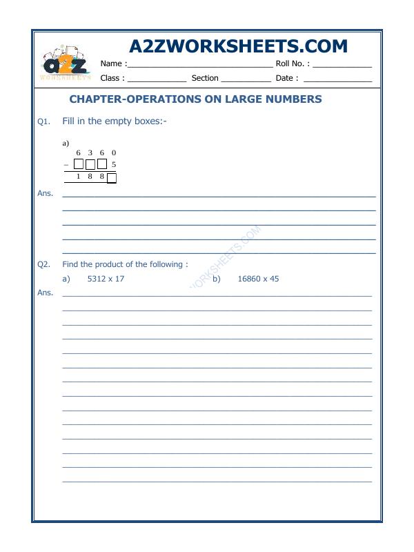 A2Zworksheets:Worksheet of Operations On Large Numbers-01-Numbers-Maths