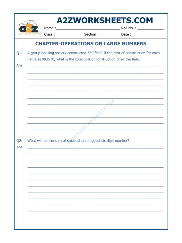 A2Zworksheets:Worksheet of Operations On Large Numbers-04-Numbers-Maths