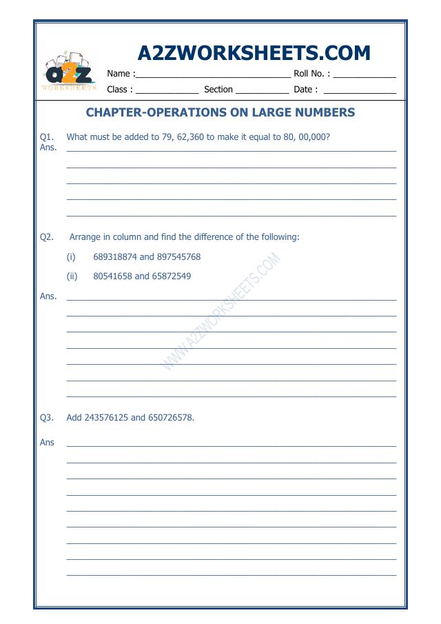 A2Zworksheets:Worksheet of Operations On Large Numbers-05-Numbers-Maths