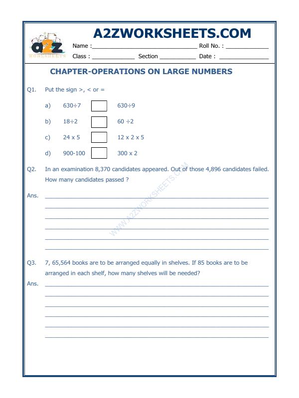 A2Zworksheets:Worksheet of Operations On Large Numbers-06-Numbers-Maths