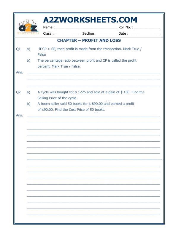 A2Zworksheets:Worksheet of Profit And Loss-02-Measurement-Maths