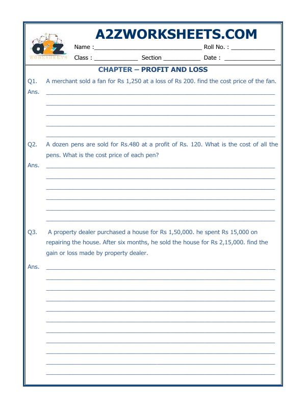 A2Zworksheets:Worksheet of Profit And Loss-04-Measurement-Maths