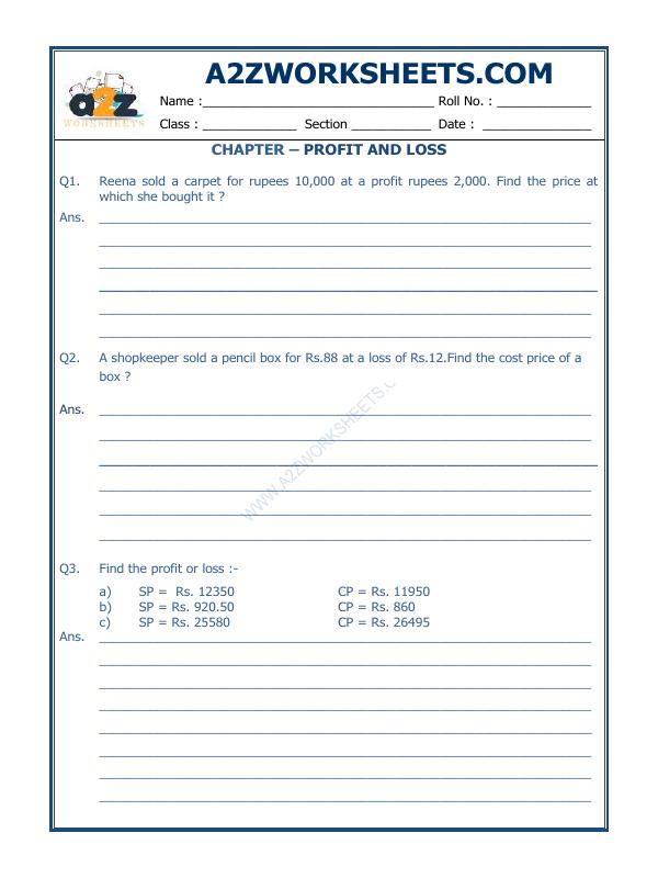 A2Zworksheets:Worksheet of Profit And Loss-05-Measurement-Maths