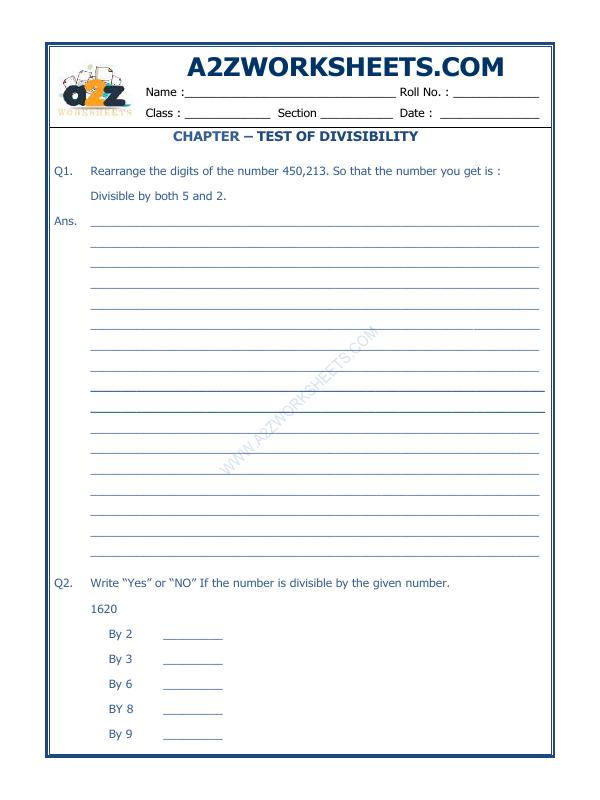 A2Zworksheets:Worksheet of Test Of Divisibility-03-Division-Maths