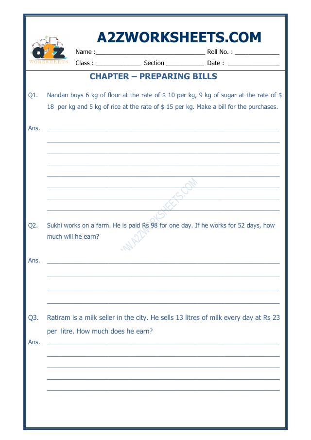 A2Zworksheets:Worksheet of Preparing Bills - 03-Data Handling-Maths