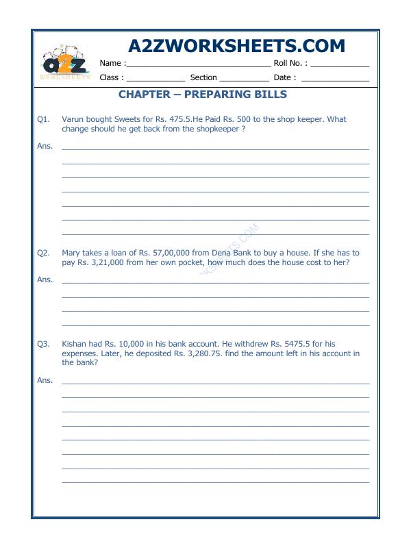 A2Zworksheets:Worksheet of Preparing Bills - 04-Data Handling-Maths