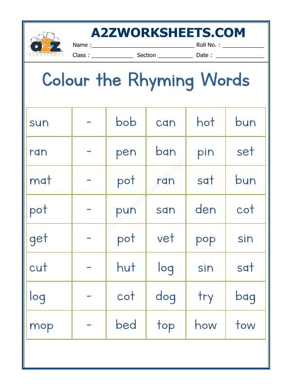 A2Zworksheets:Worksheet of Rhyming Word-03-Reading-English