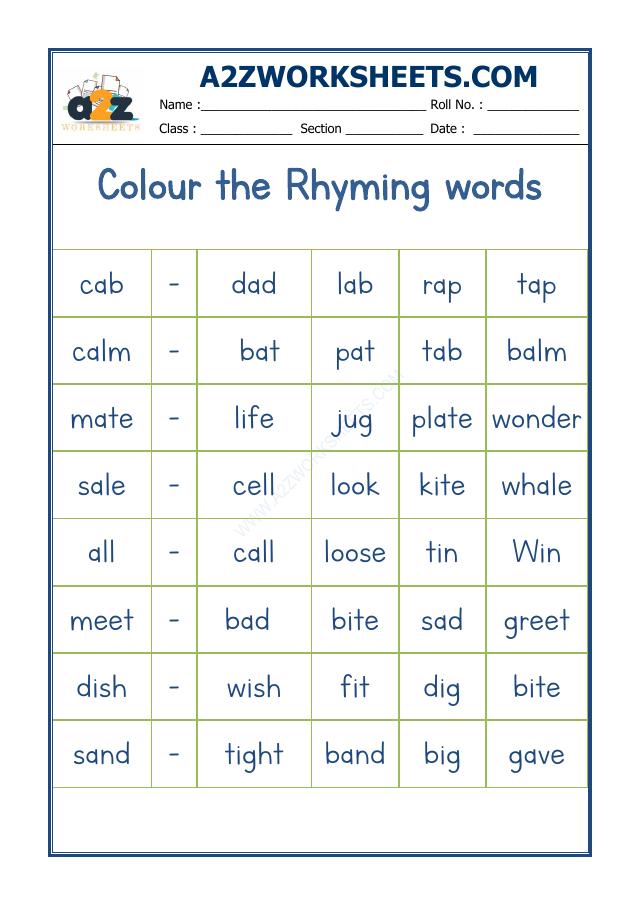 A2Zworksheets:Worksheet of Rhyming Word-07-Reading-English