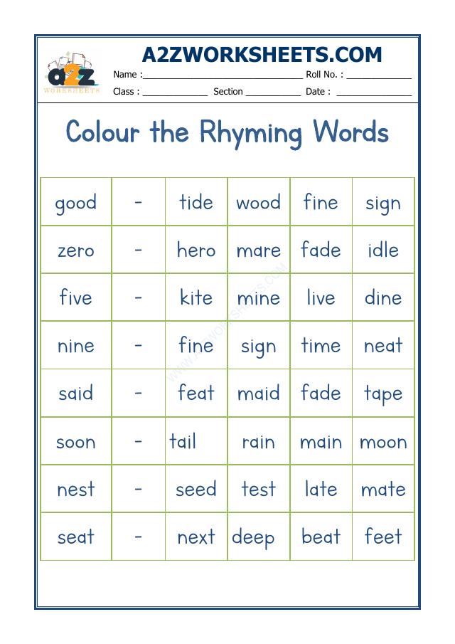 A2Zworksheets:Worksheet of Rhyming Word-10-Reading-English