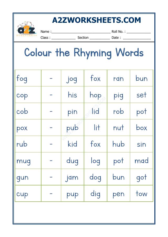 A2Zworksheets:Worksheet of Rhyming Word-12-Reading-English