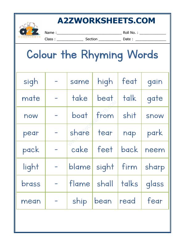 A2Zworksheets:Worksheet of Rhyming Word-15-Reading-English