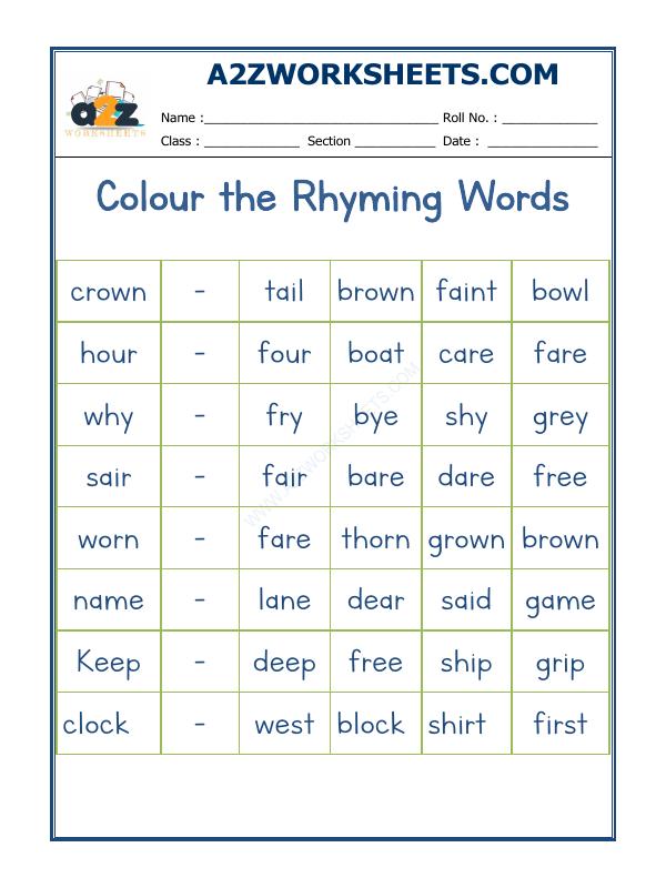 A2Zworksheets:Worksheet of Rhyming Word-18-Reading-English