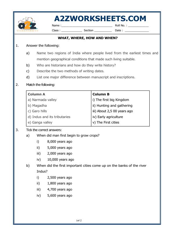 A2Zworksheets:Worksheet of What, Where, How And When-01-Our History and ...