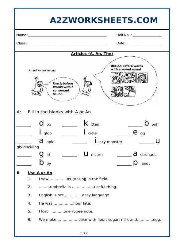 A2Zworksheets:Worksheet of Let's Practice Articles-01-Grammar-English