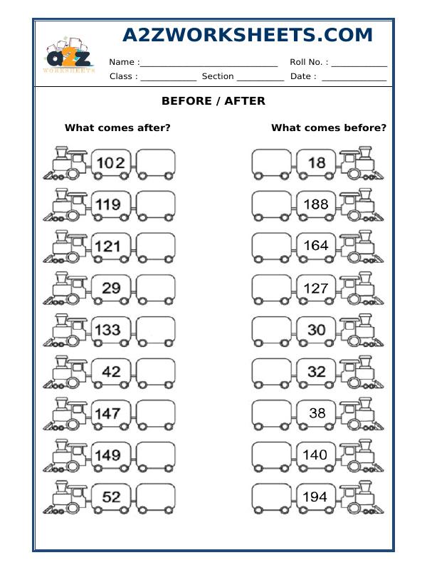 A2Zworksheets:Worksheet of Before And After-Numbers-Maths