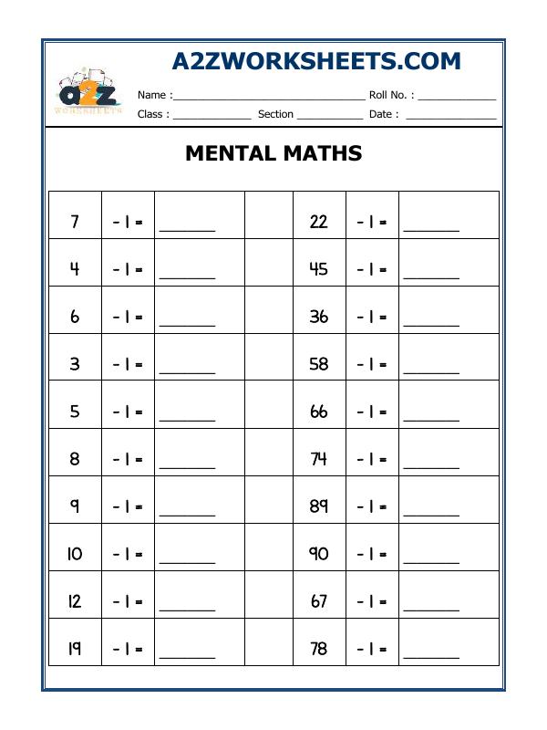 A2Zworksheets:Worksheet of Subtraction (Mental Maths)-Subtraction-Maths