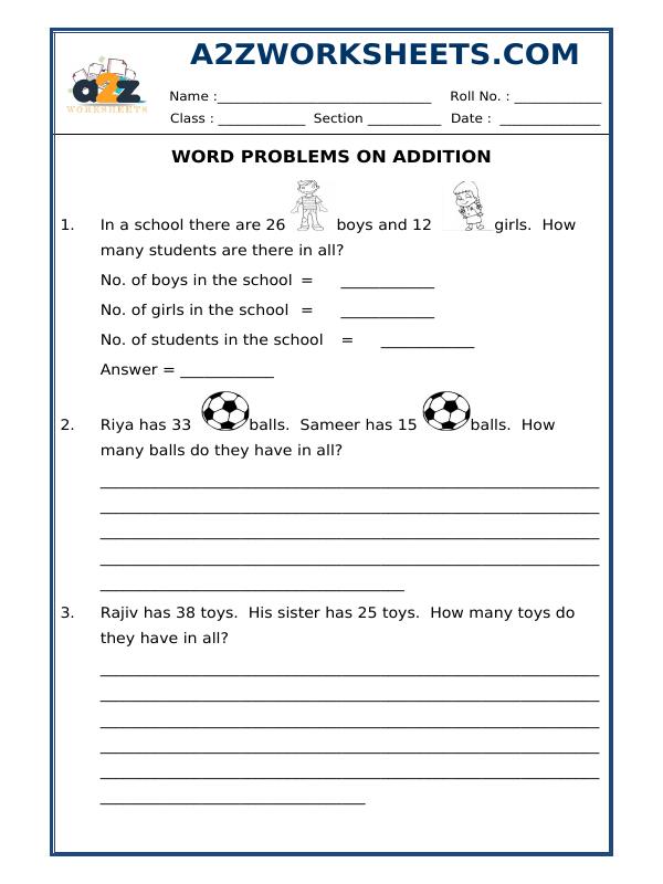 A2Zworksheets:Worksheet of Addition (Word Problems)-Addition-Maths