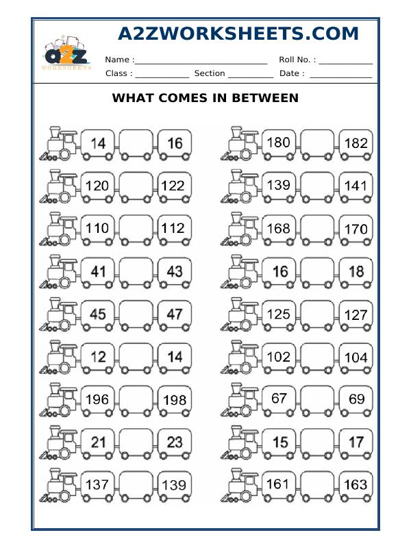A2Zworksheets:Worksheet of What Comes In Between-Numbers-Maths